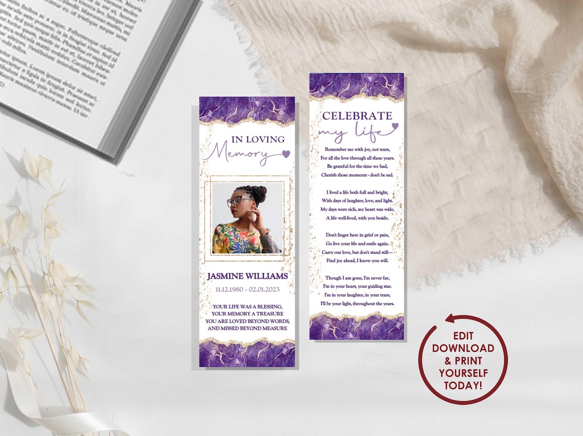DIY EDITABLE Purple Memorial Bookmark Template for Celebration of Life ...