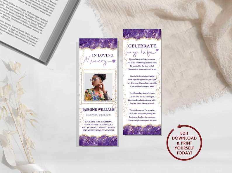 DIY EDITABLE Purple Memorial Bookmark Template for Celebration of Life ...