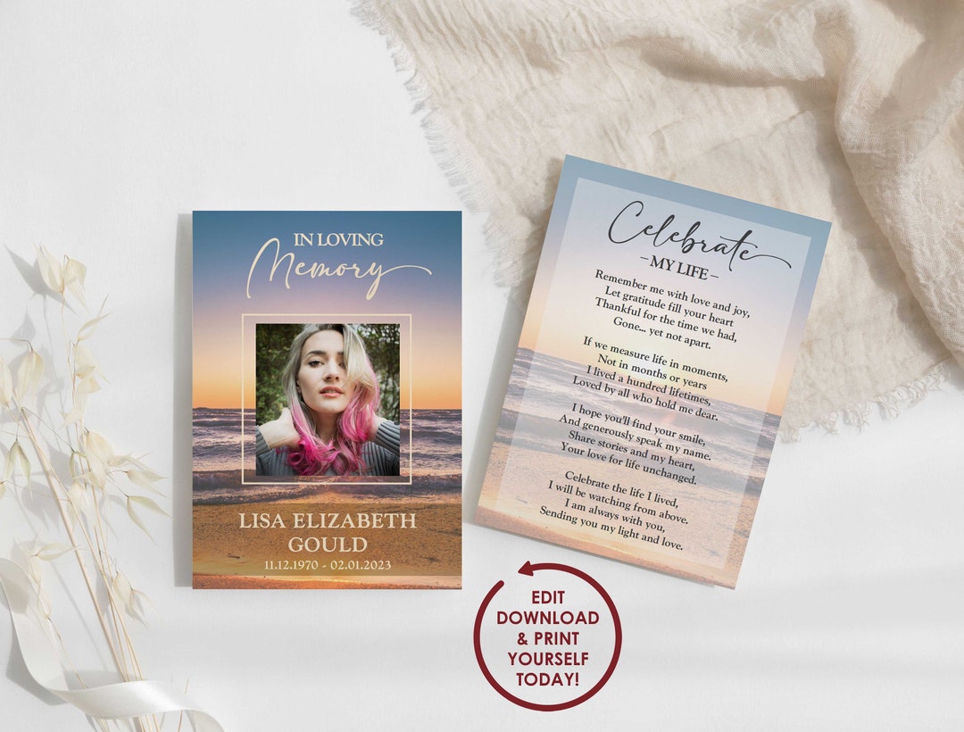 DIY EDITABLE Beach Sunset Memorial Card Template Ocean Themed Funeral ...