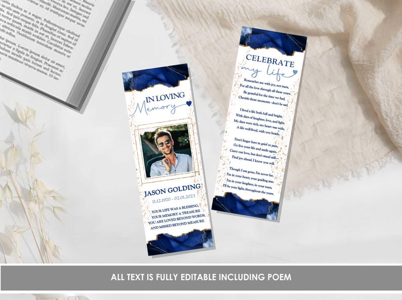 DIY EDITABLE Blue Bookmark Template for Celebration of Life | Memorial ...