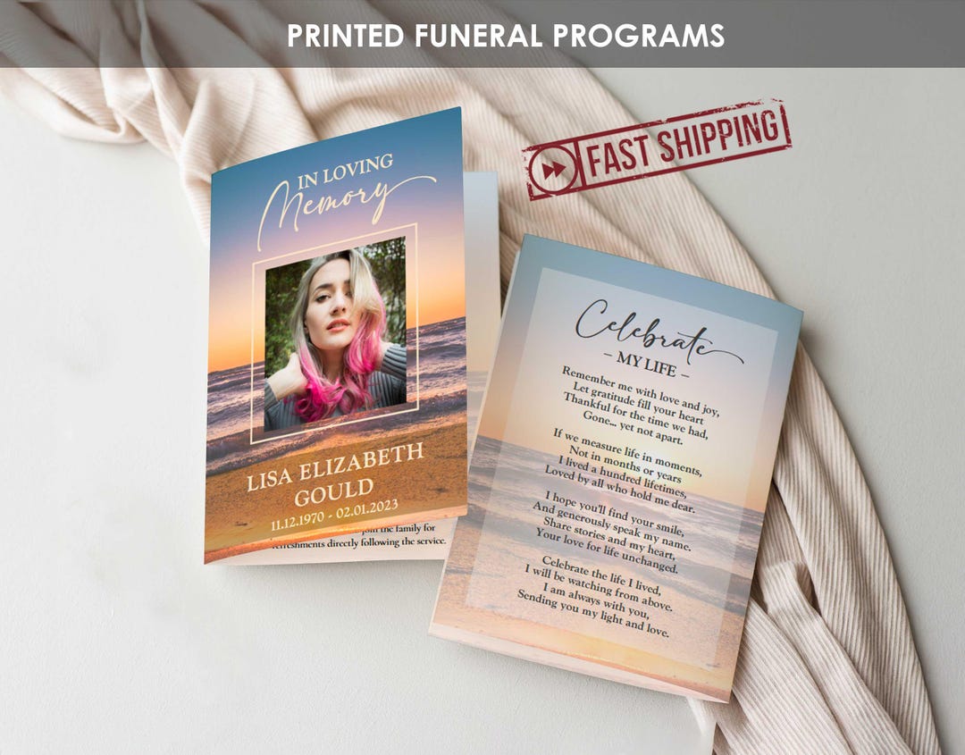 PRINTED Funeral Program - Sandy Beach Sunset | Celebration of Life ...