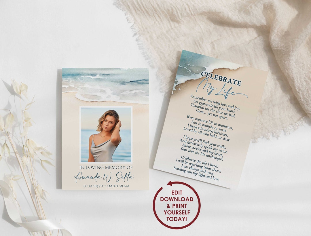 DIY EDITABLE Beach Themed Memorial Card Template Ocean Themed Funeral ...