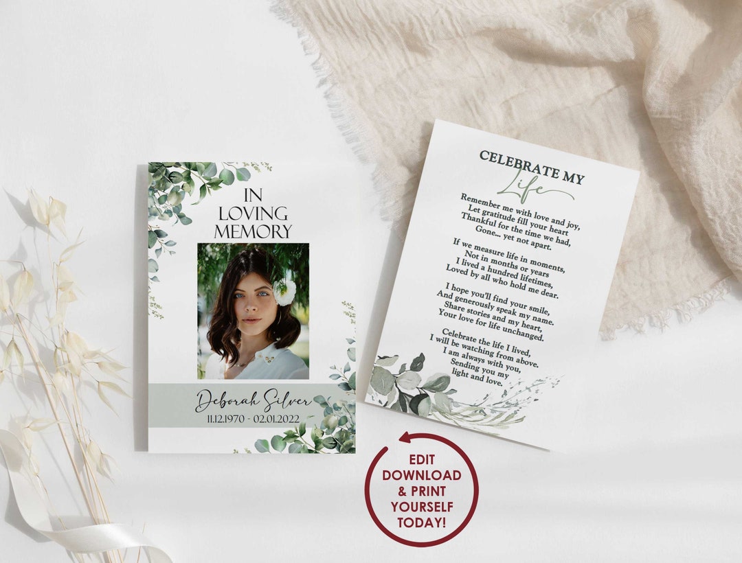 DIY EDITABLE Funeral Prayer Card Template for Celebration of Life ...