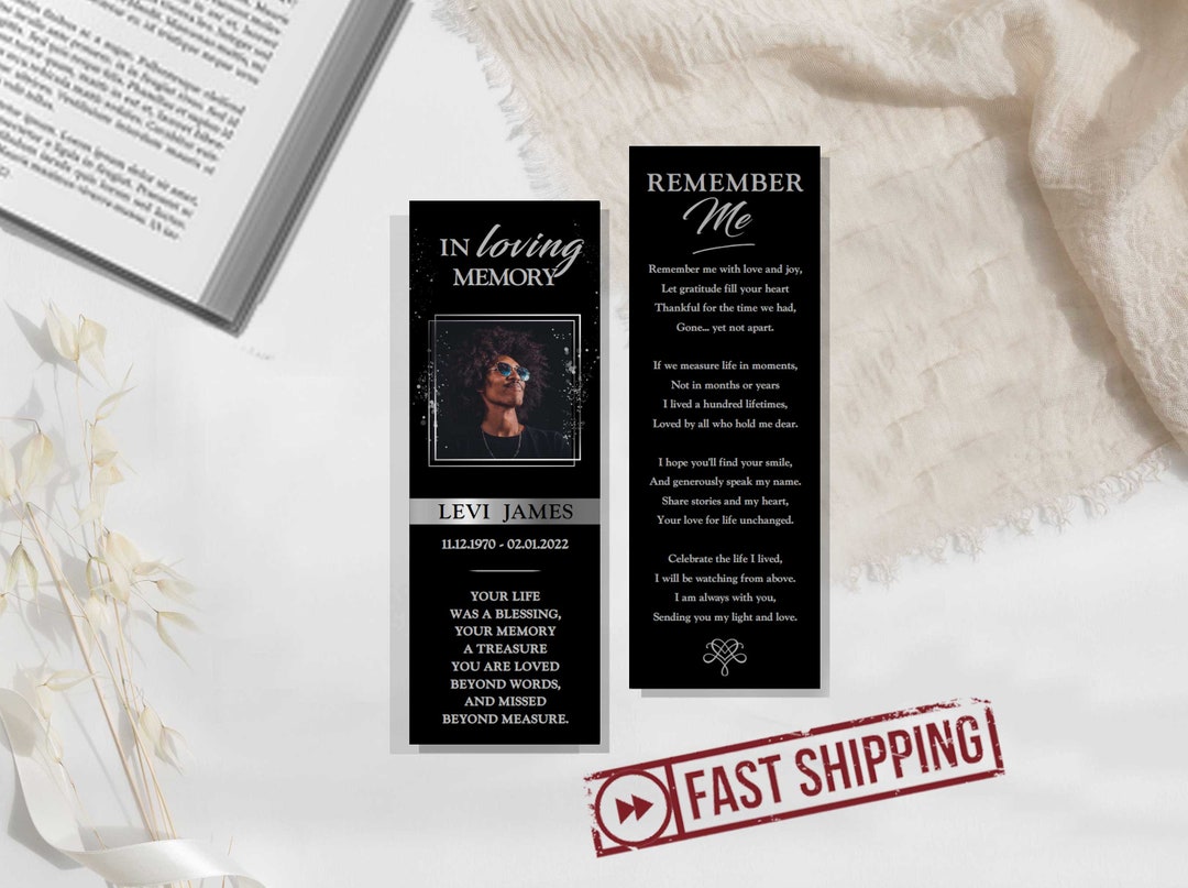 PRINTED Funeral Bookmark Modern Black Personalized Memorial Bookmarks ...