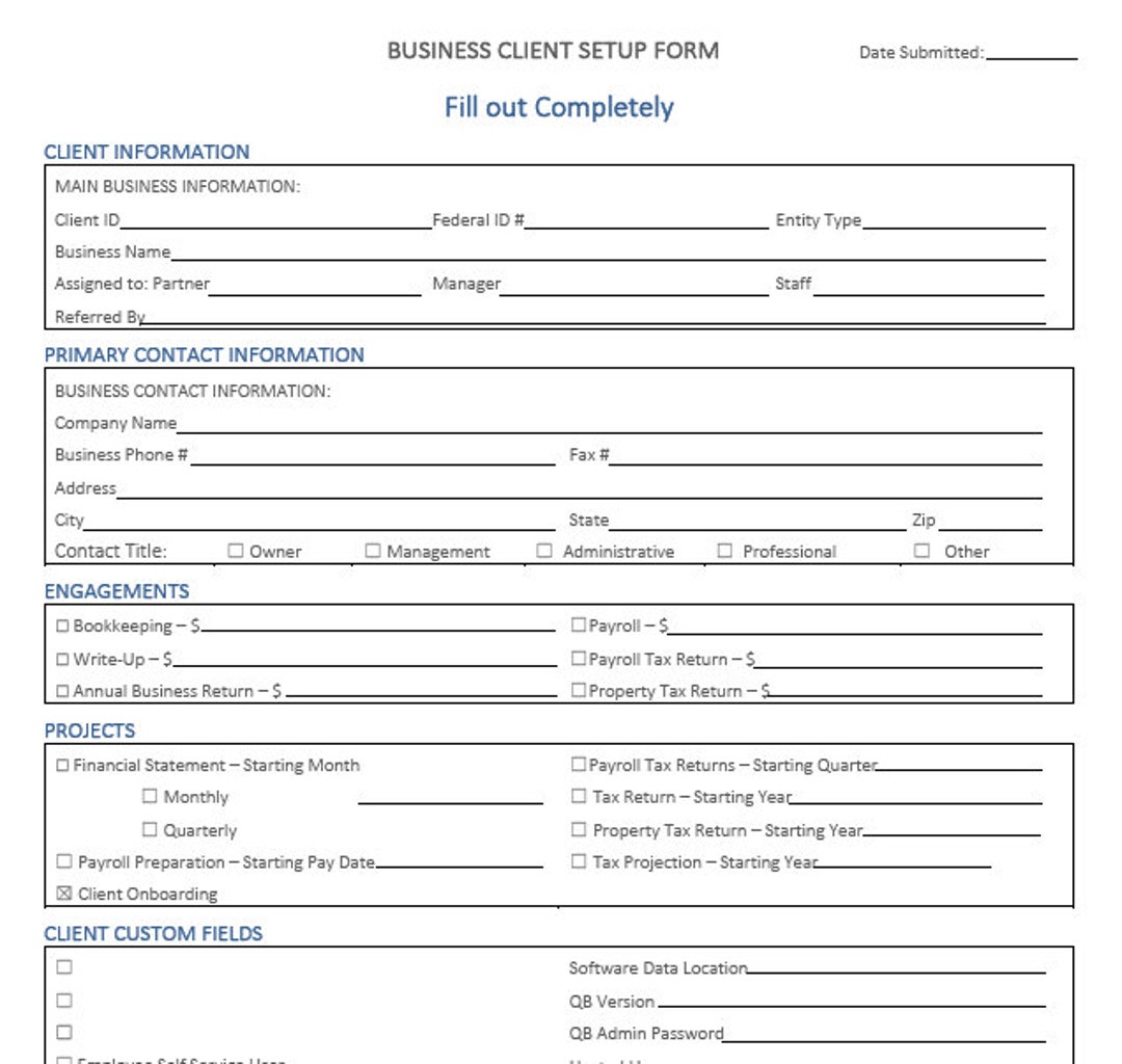 New Business Client Setup Form - for Accountants & Bookkeepers - Etsy
