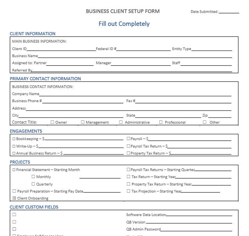 New Business Client Setup Form - for Accountants & Bookkeepers - Etsy