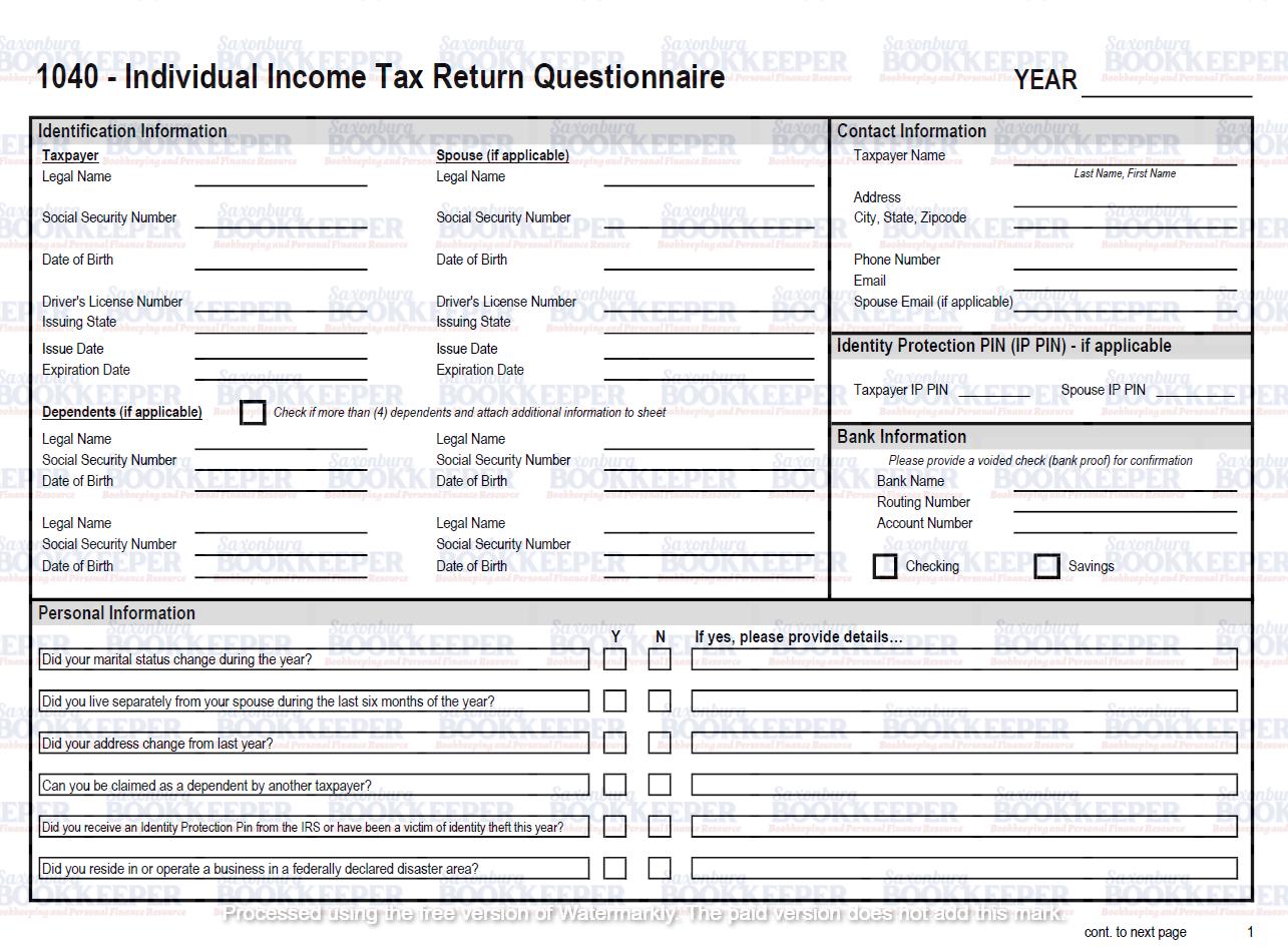 1040 Tax Questionnaire - Etsy