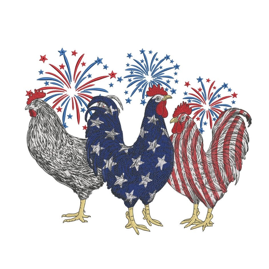 Patriotic Chickens, USA Flag, 4th July, Independence Day Embroidery ...