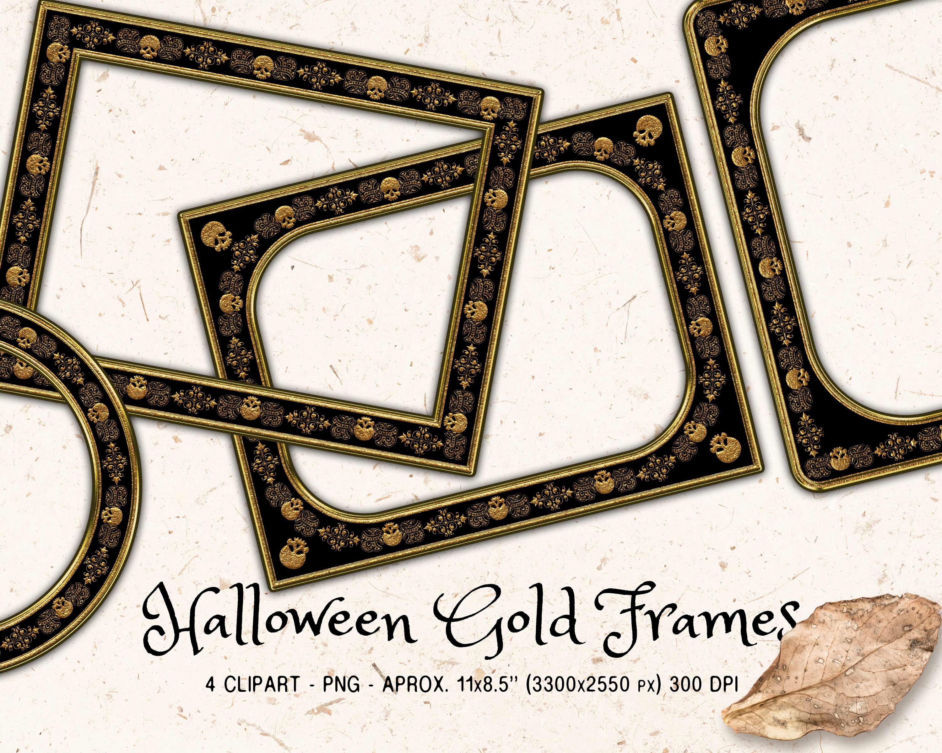 Halloween Skull Gold Frames Clipart, Digital Halloween Graphics ...