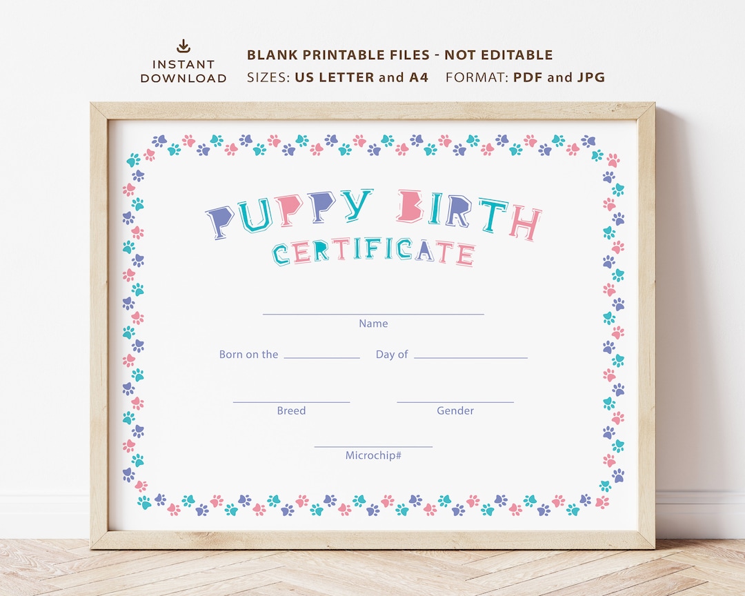 PRINTABLE Puppy Birth Certificate, Cute Puppy Certificate, Puppy ...