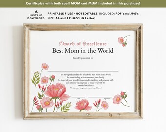 Best Mom in the World Certificate, Printable Best Mom Certificate ...
