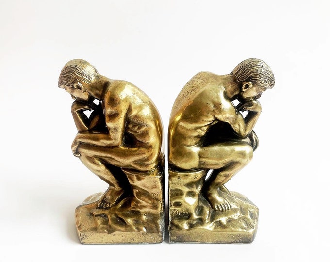 1928 Antique Solid Brass the Thinker Thinking Man Bookends, Thinking ...