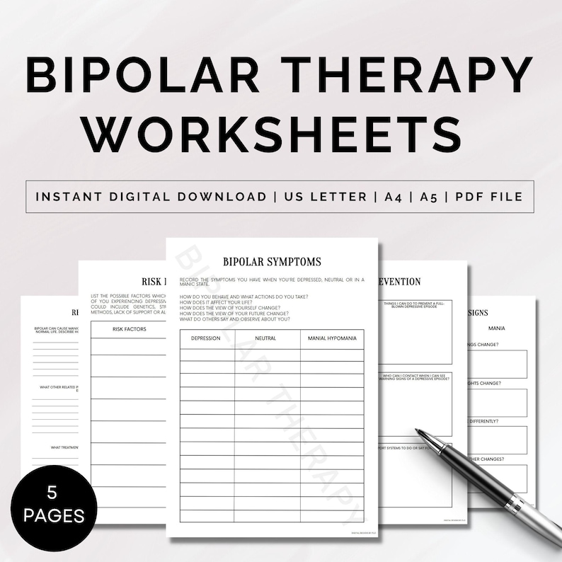 Bipolar Therapy Worksheets, Bipolar Journal Printable, Bipolar Disorder ...