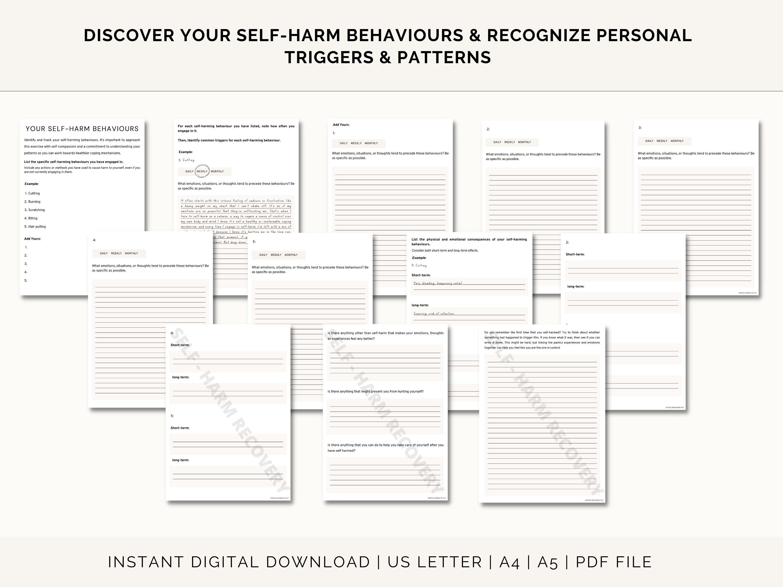 Self-harm Recovery Therapy Worksheets, Tools for Self Injury Recovery ...