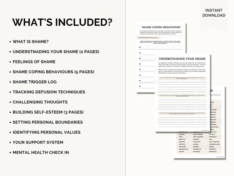 Overcome Shame Workbook Printable, Shame, Guilt, Embarrassment Distinct ...