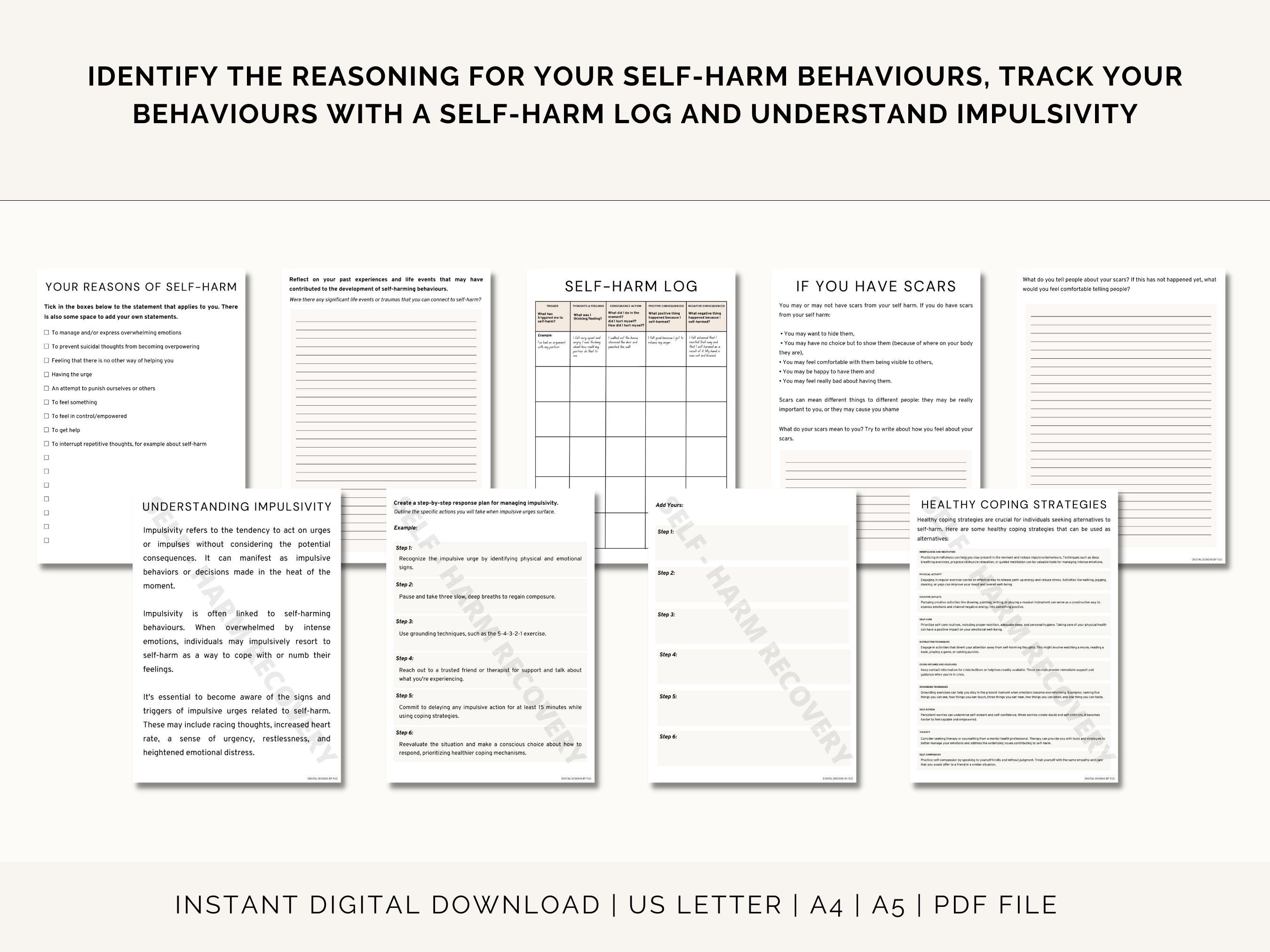 Self-harm Recovery Therapy Worksheets, Tools for Self Injury Recovery ...