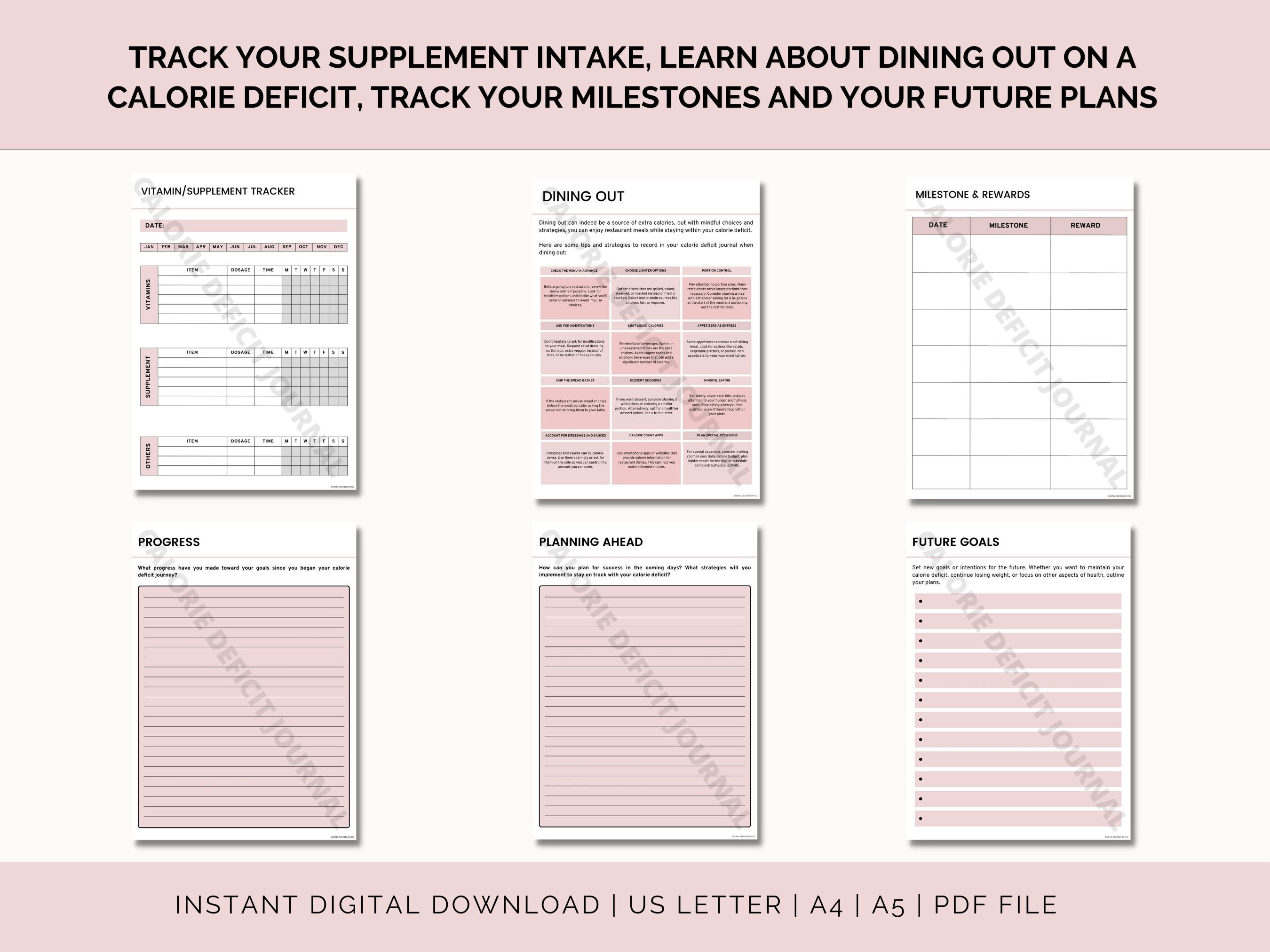 Calorie Deficit Journal Printable, Fitness Planner, Workout Planner ...