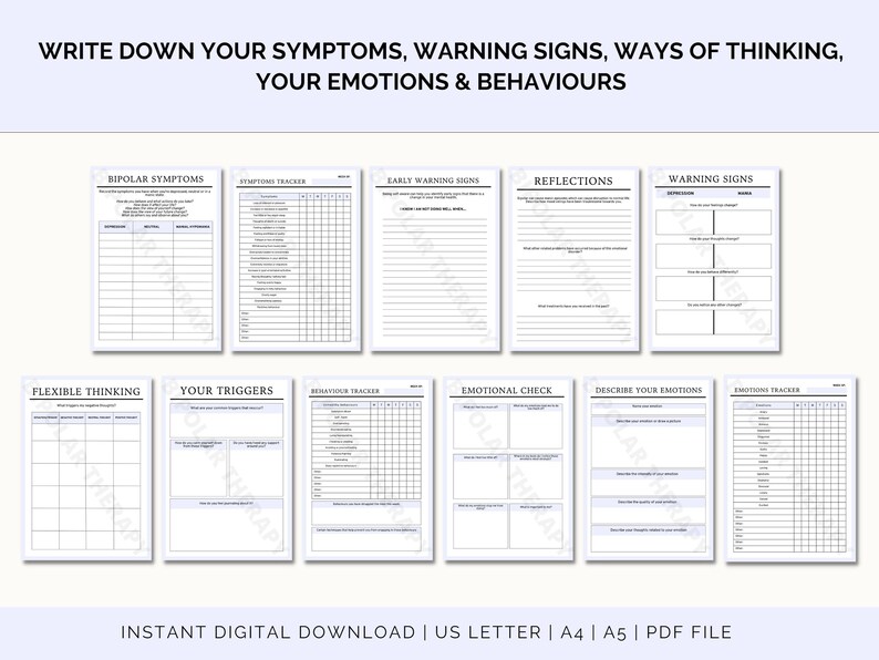 Bipolar Journal Printable, Bipolar Mood Tracker, Bipolar Disorder ...
