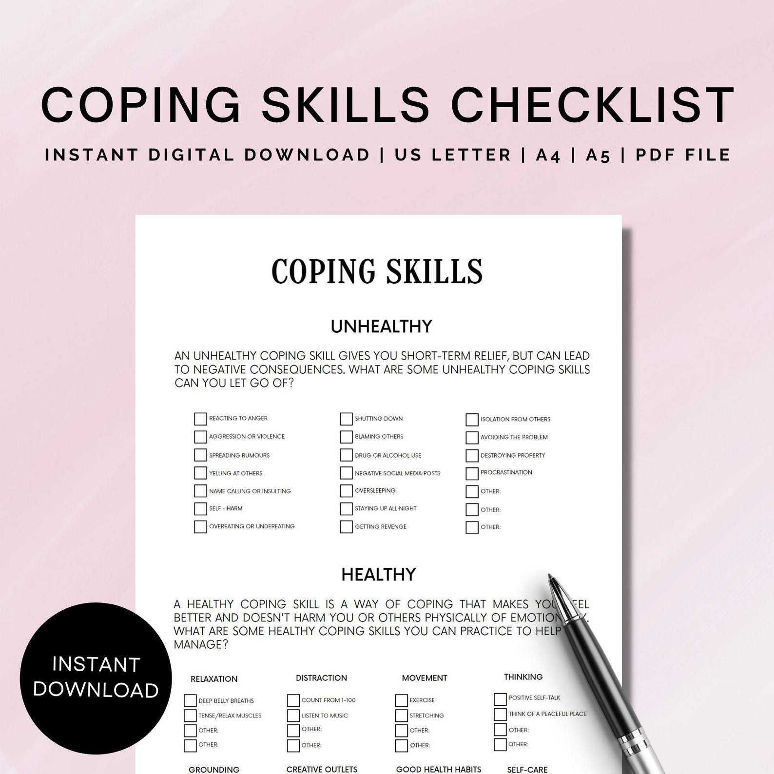 Coping Skills Checklist for Managing Stress and Anxiety, Therapy ...