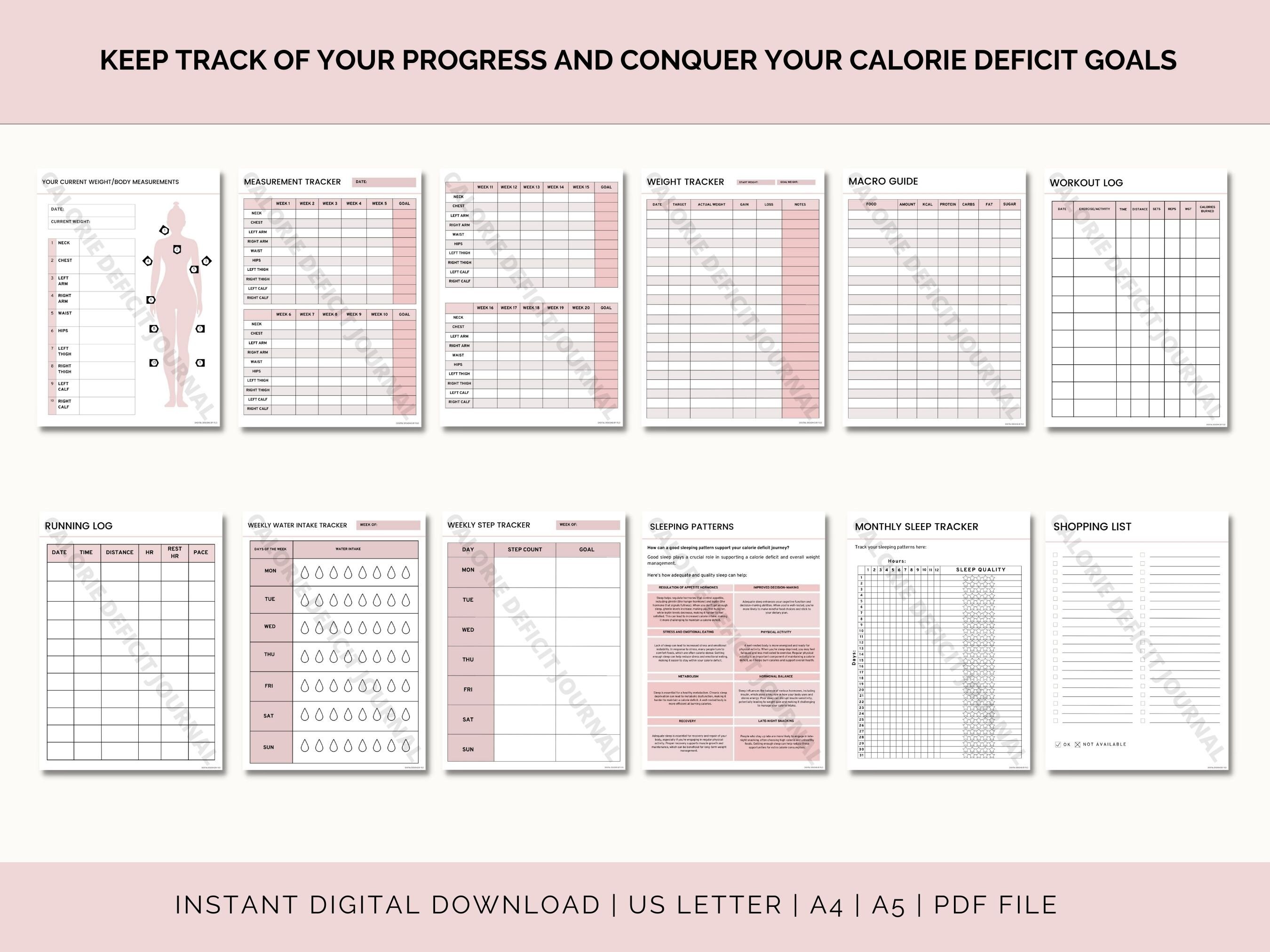 Calorie Deficit Journal Printable, Fitness Planner, Workout Planner ...