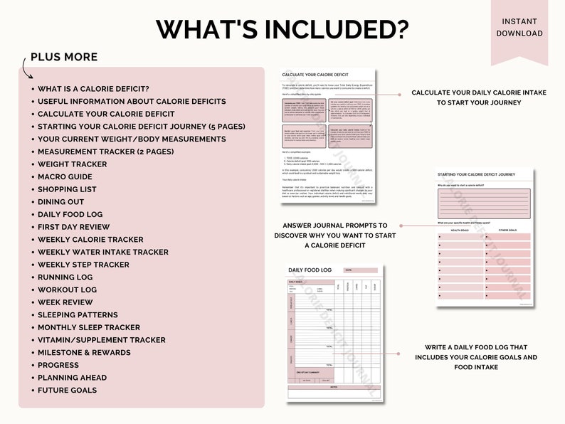 Calorie Deficit Journal Printable, Fitness Planner, Workout Planner ...