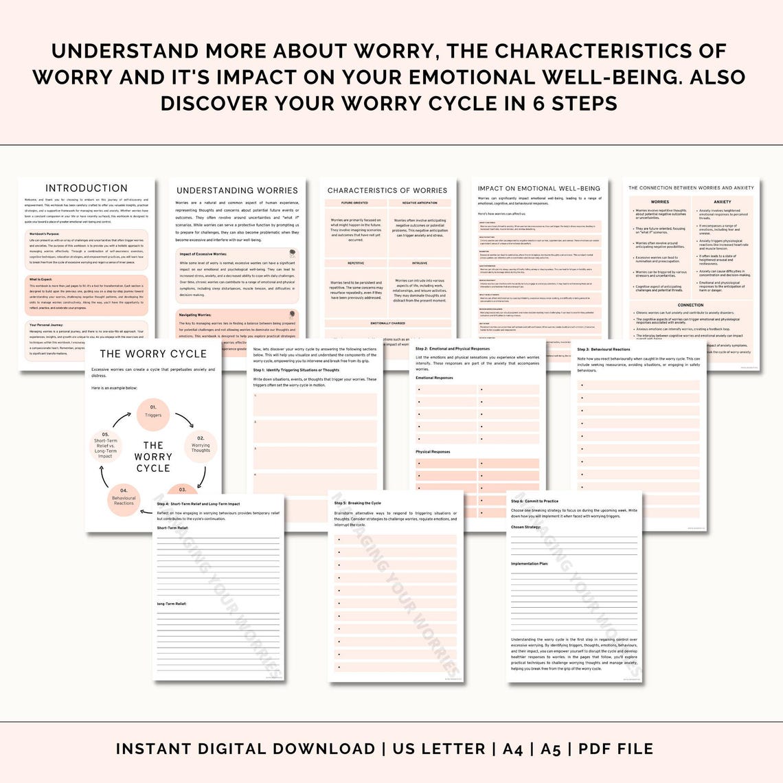 Managing Your Worries Worksheets, Anxiety Therapy Workbook, CBT ...