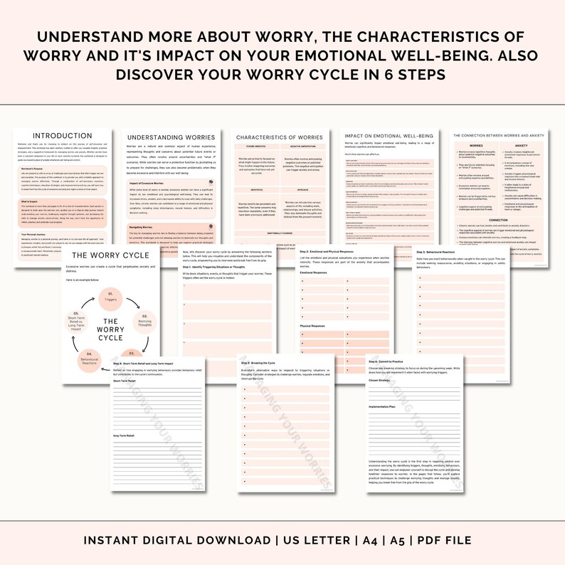 Managing Your Worries Worksheets, Anxiety Therapy Workbook, CBT ...
