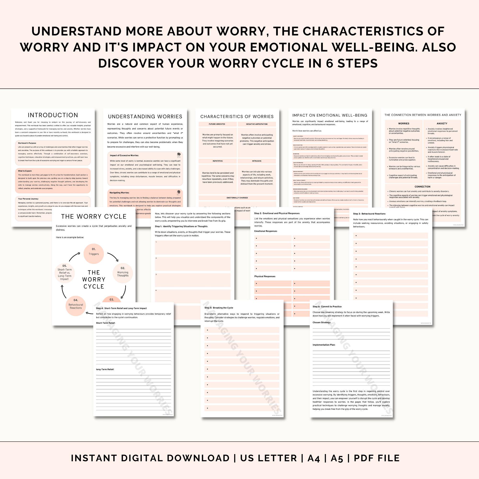 Managing Your Worries Worksheets, Anxiety Therapy Workbook, CBT ...