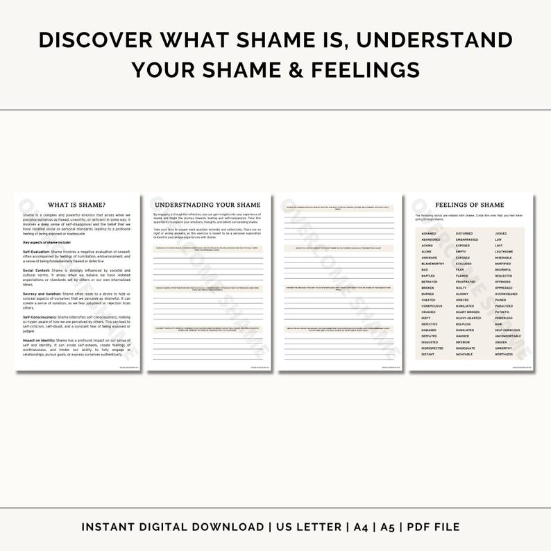 Overcome Shame Workbook Printable, Shame, Guilt, Embarrassment Distinct ...