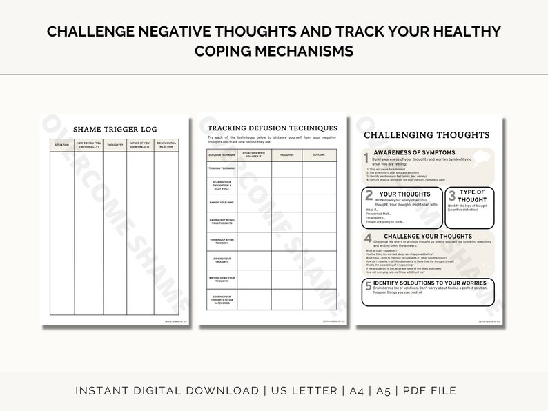 Overcome Shame Workbook Printable, Shame, Guilt, Embarrassment Distinct ...