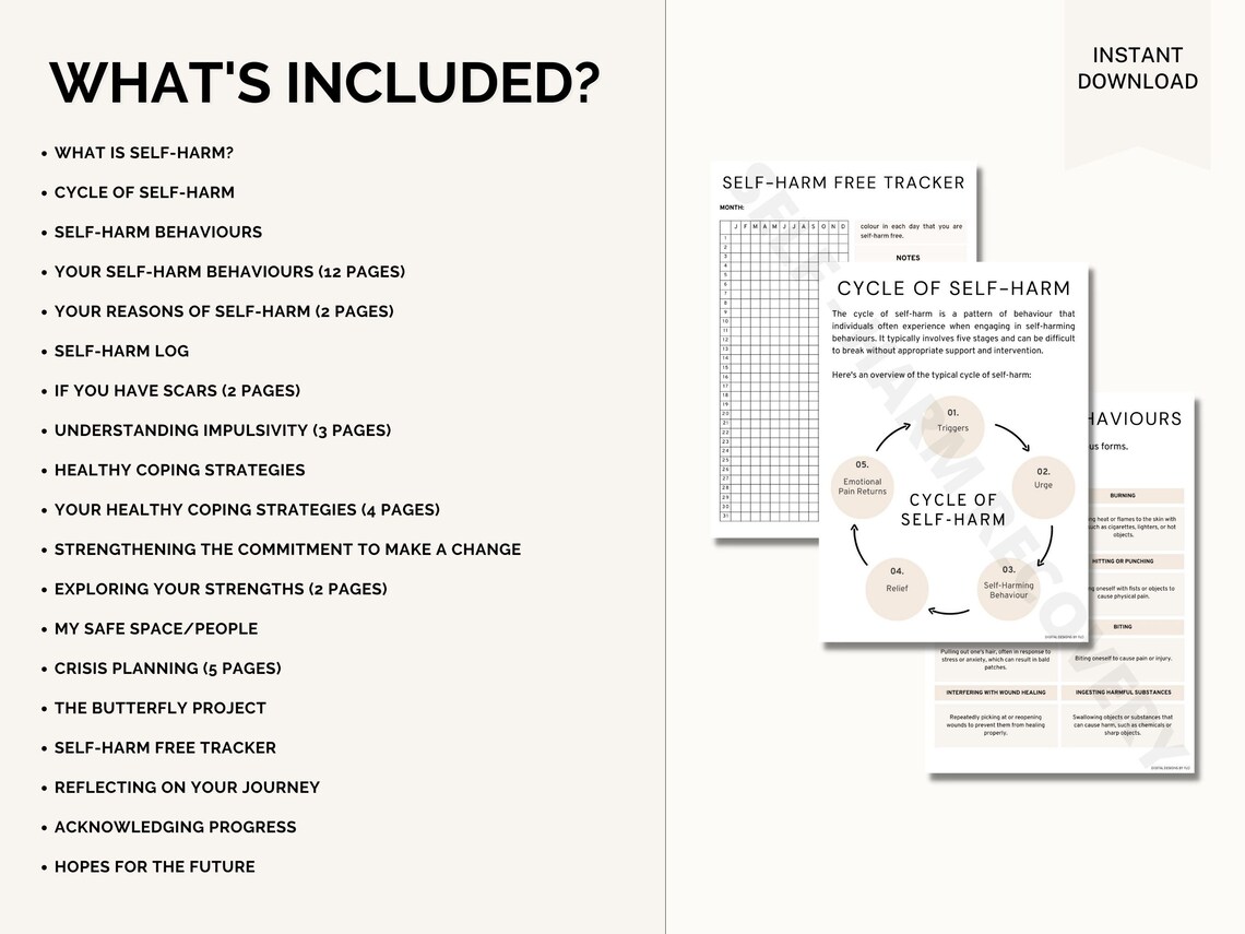 Self-harm Recovery Therapy Worksheets, Tools for Self Injury Recovery ...