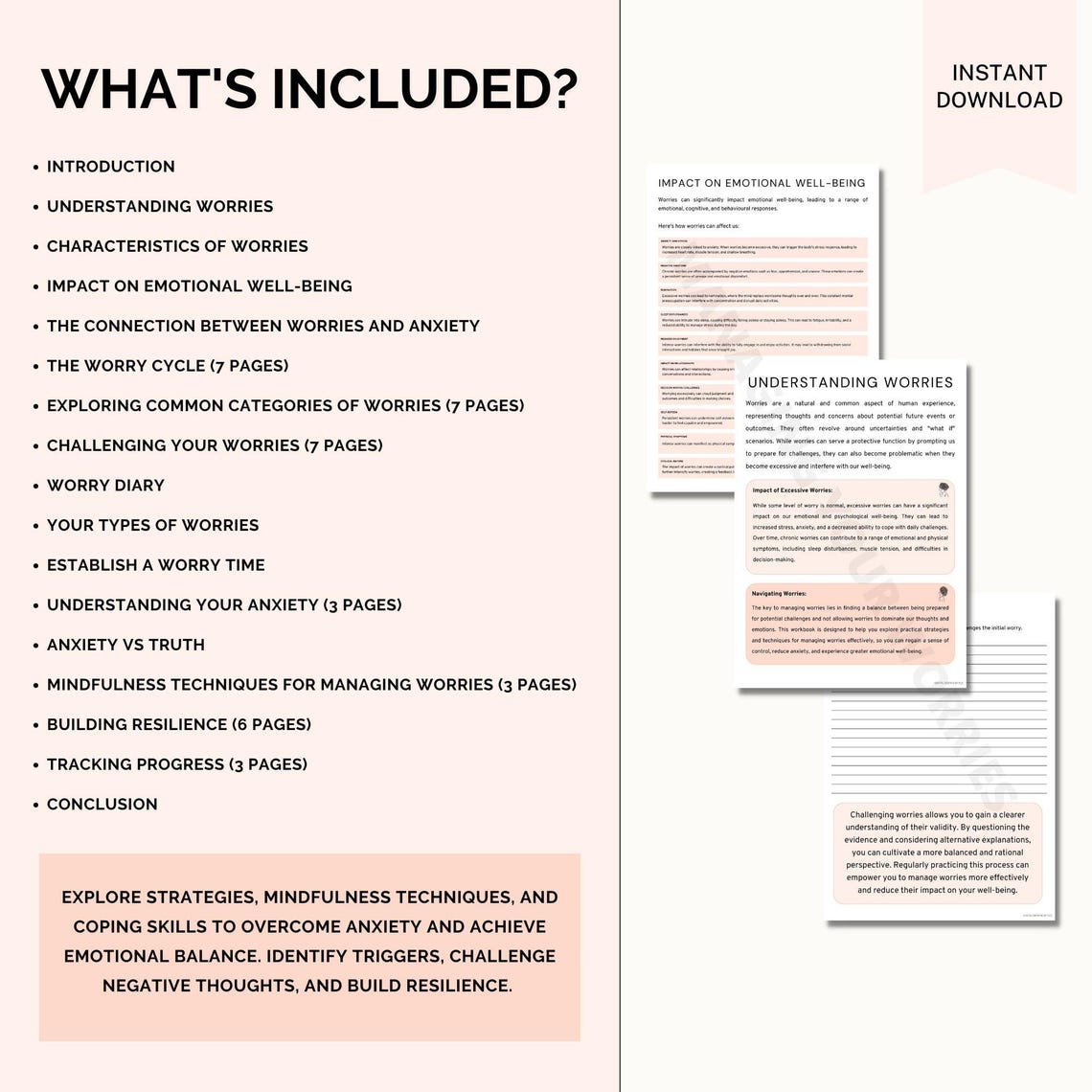 Managing Your Worries Worksheets, Anxiety Therapy Workbook, CBT ...