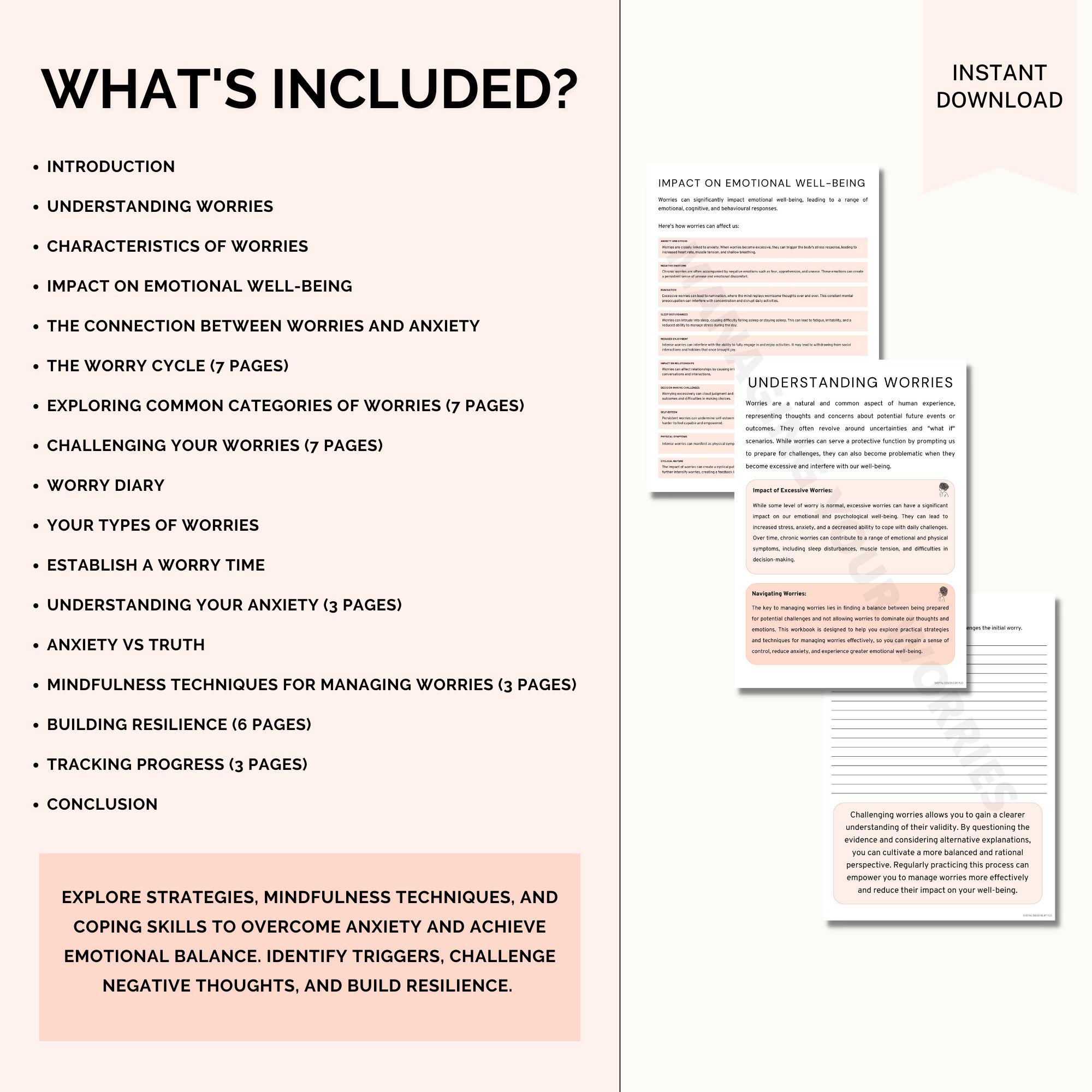 Managing Your Worries Worksheets, Anxiety Therapy Workbook, CBT ...