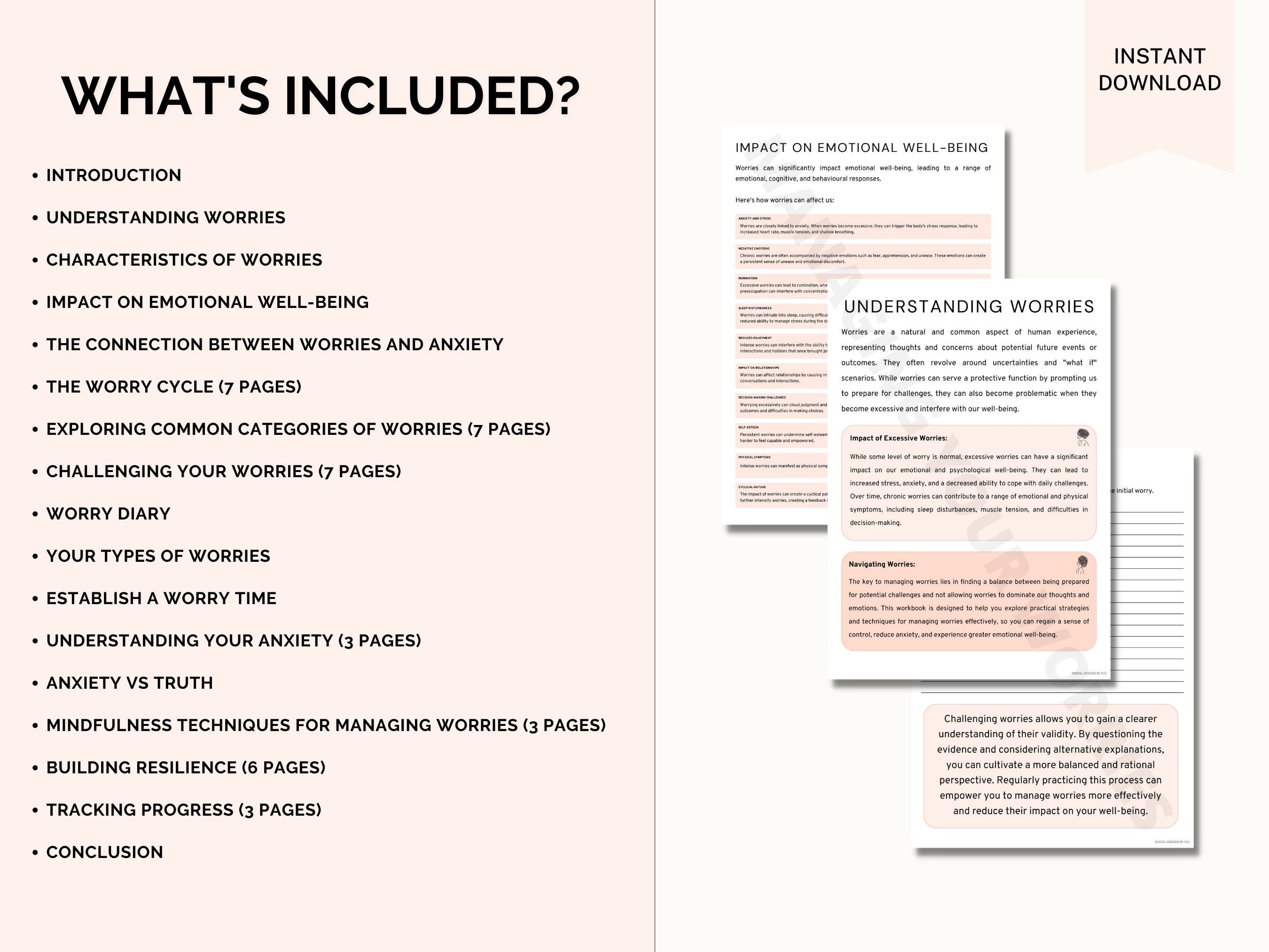 Managing Your Worries Worksheets, Anxiety Therapy Workbook, CBT ...