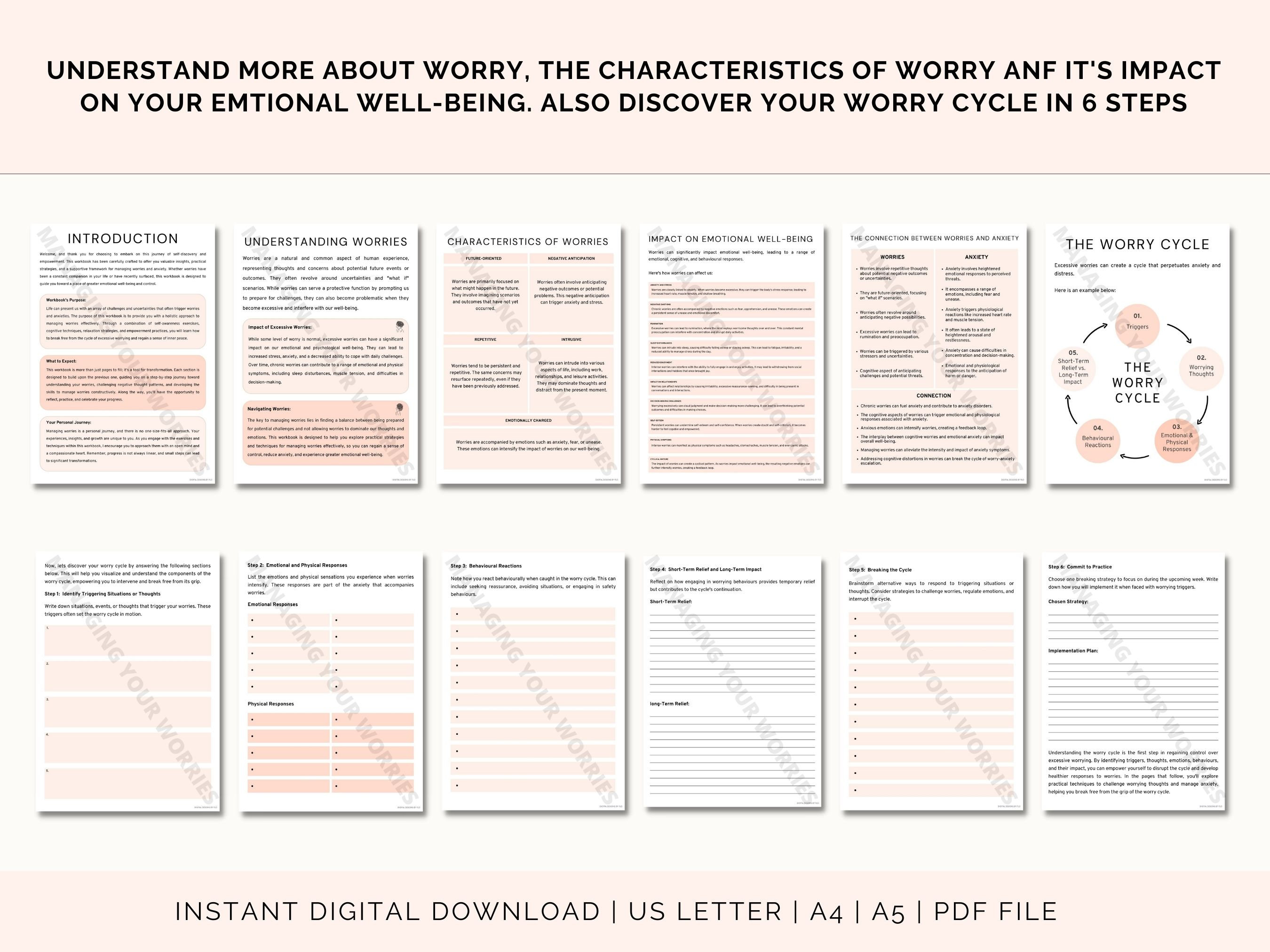 Managing Your Worries Worksheets, Anxiety Therapy Workbook, CBT ...