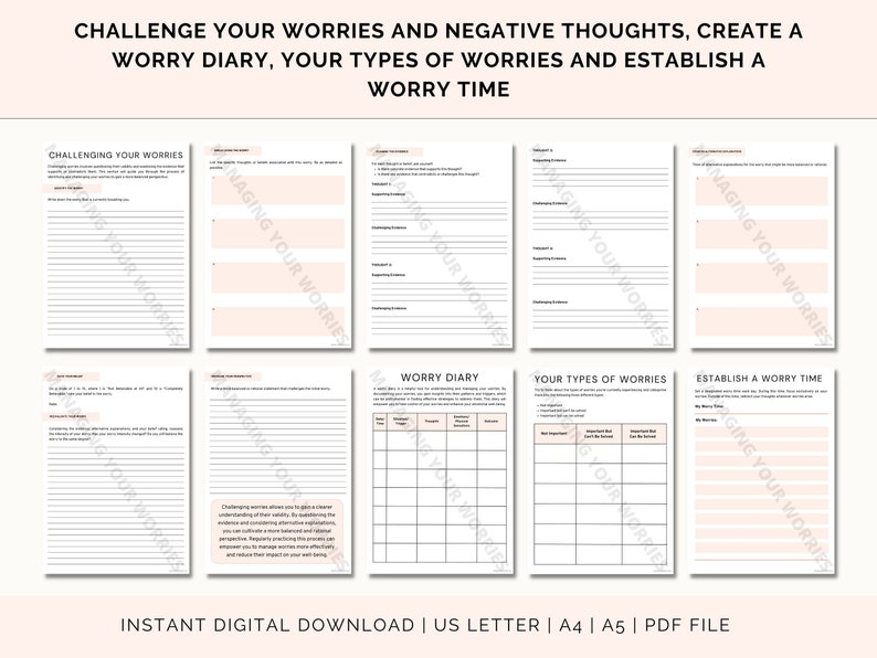 Managing Your Worries Worksheets, Anxiety Therapy Workbook, CBT ...