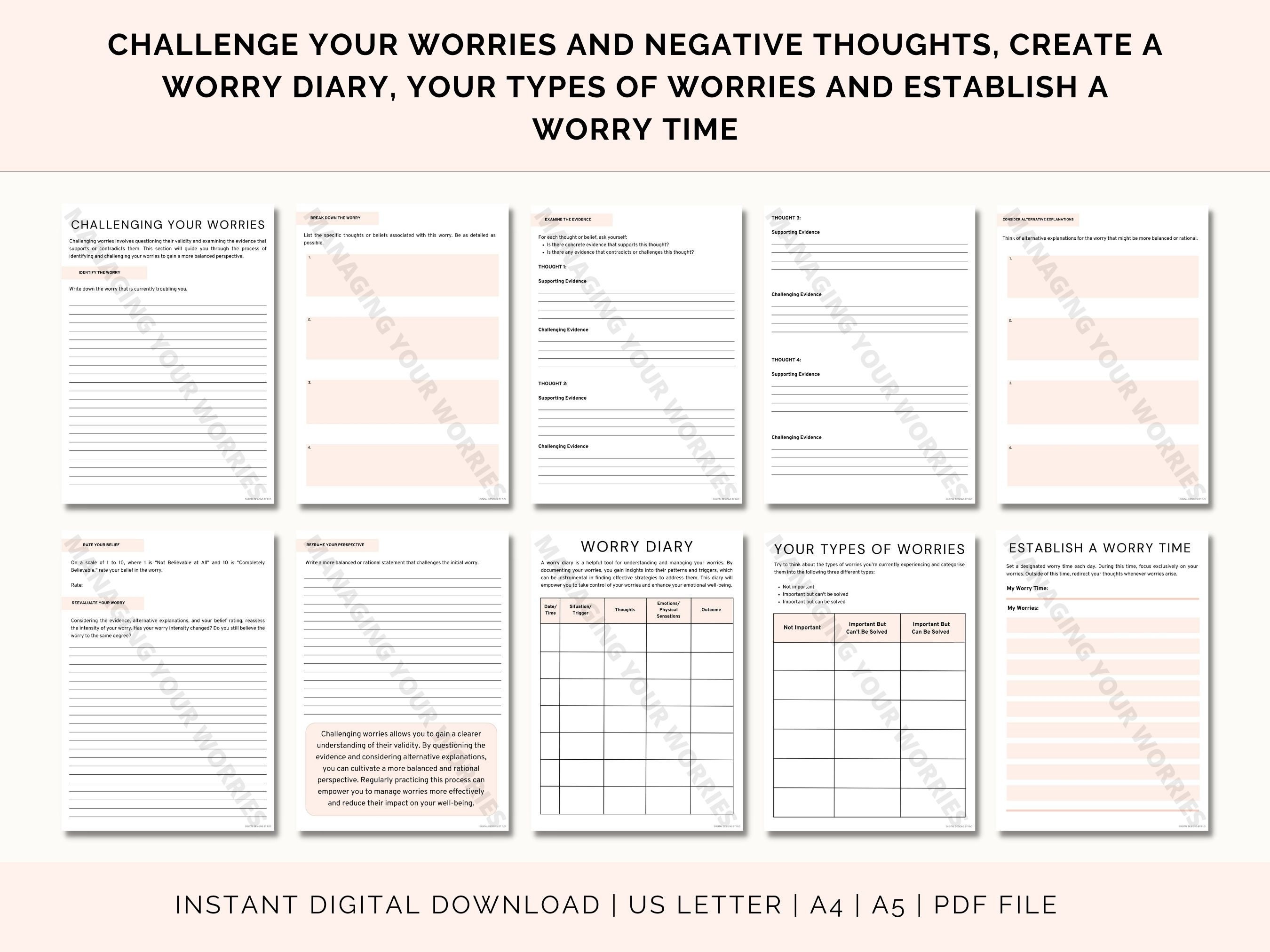 Managing Your Worries Worksheets, Anxiety Therapy Workbook, CBT ...