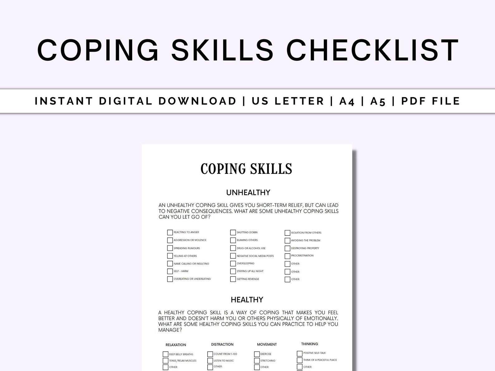 Coping Skills Checklist for Managing Stress and Anxiety, Therapy ...