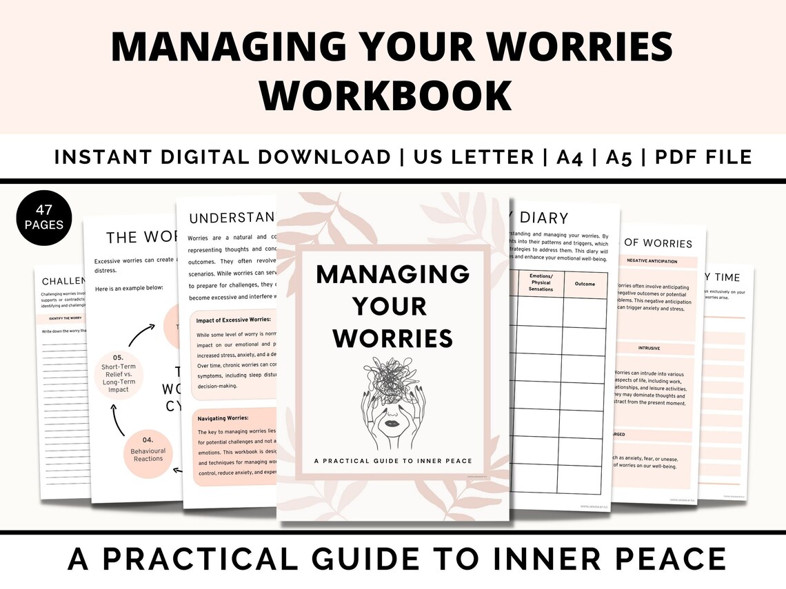 Managing Your Worries Worksheets, Anxiety Therapy Workbook, CBT ...