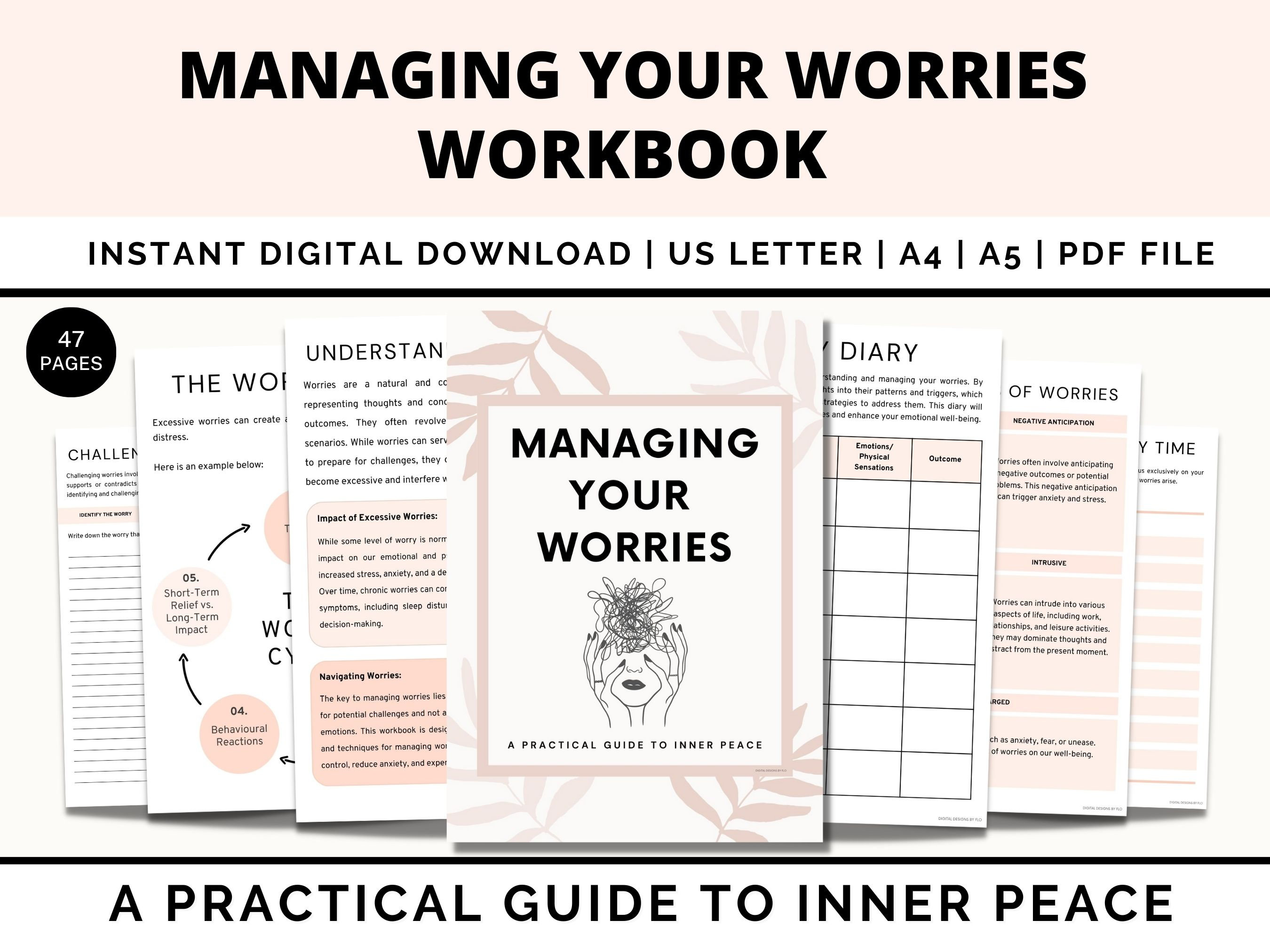 Managing Your Worries Worksheets, Anxiety Therapy Workbook, CBT ...