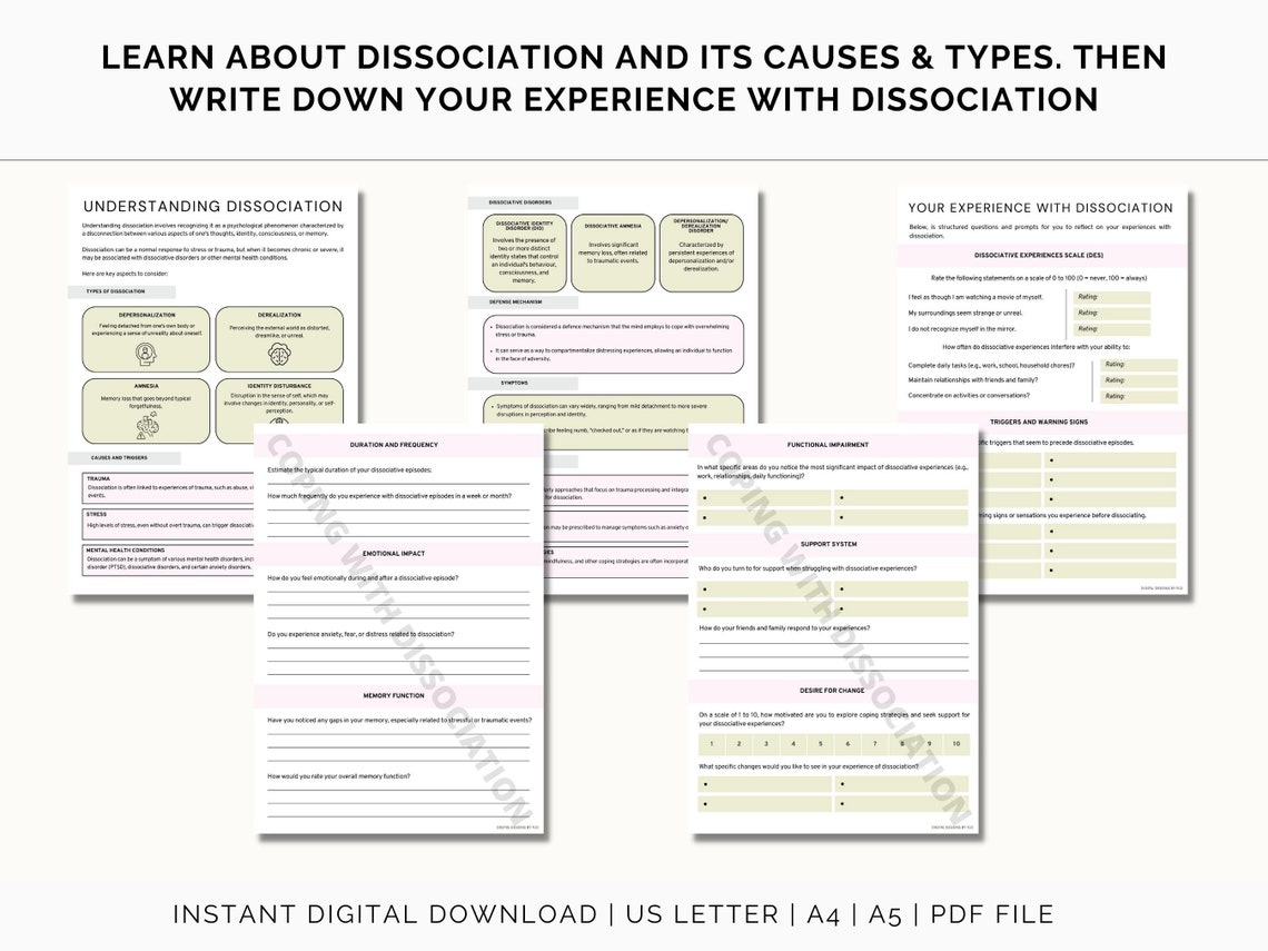 Printable Dissociation Journal, Dissociative Disorders, Trauma Therapy Worksheets, PTSD ...
