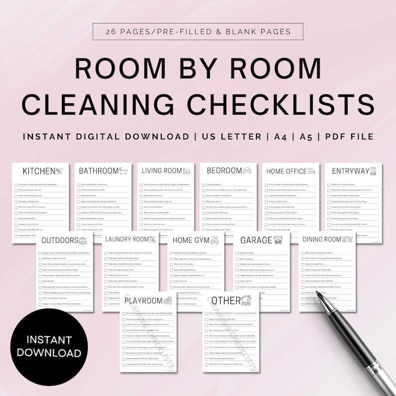 Cleaning Checklist, Printable Room by Room Cleaning Cards, Cleaning ...