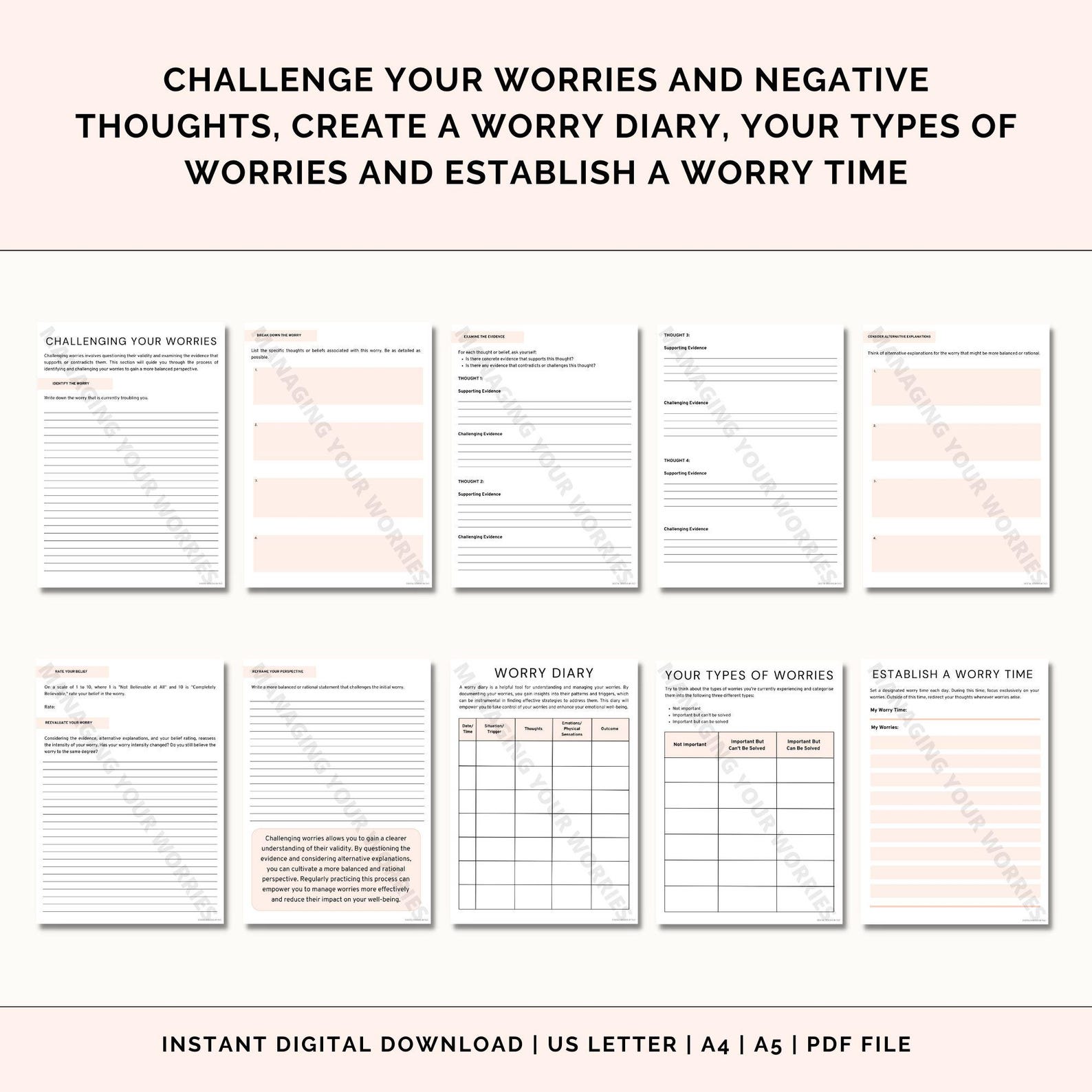 Managing Your Worries Worksheets, Anxiety Therapy Workbook, CBT ...