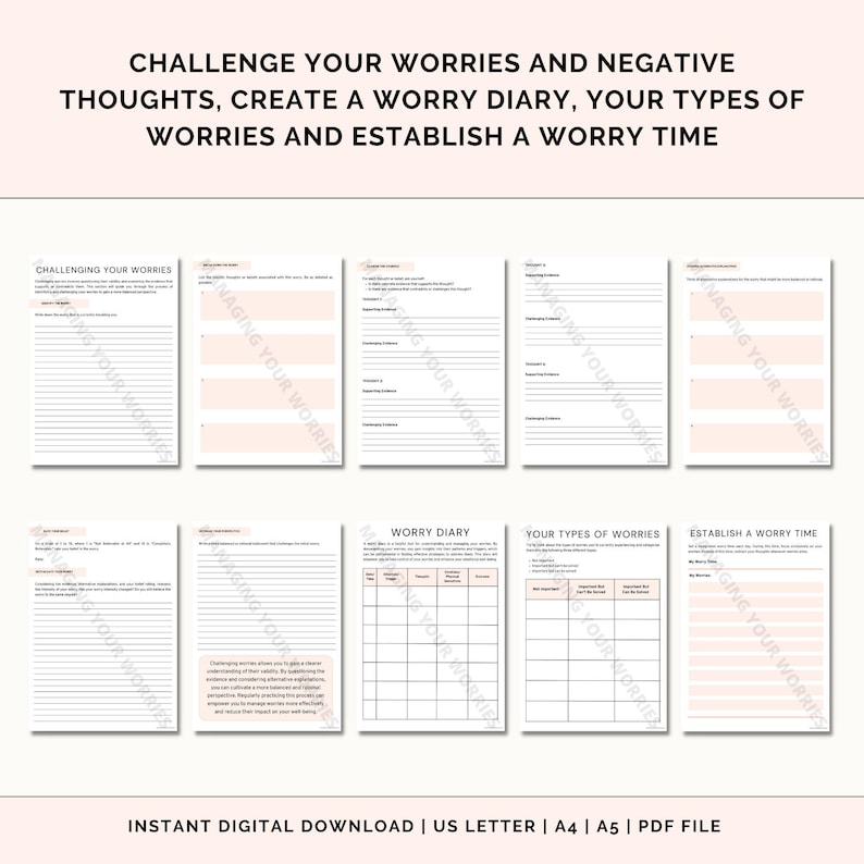 Managing Your Worries Worksheets, Anxiety Therapy Workbook, CBT ...