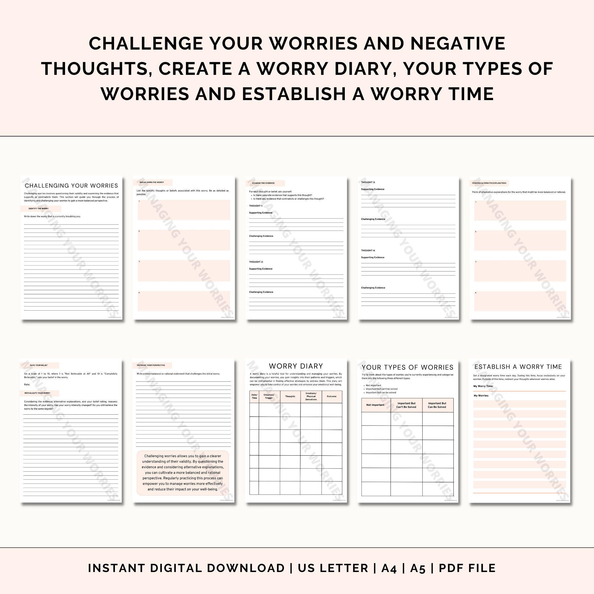 Managing Your Worries Worksheets, Anxiety Therapy Workbook, CBT ...