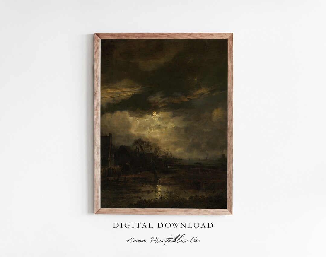 Yellow Moonlight Antique Moody Landscape Painting for Digital Download ...