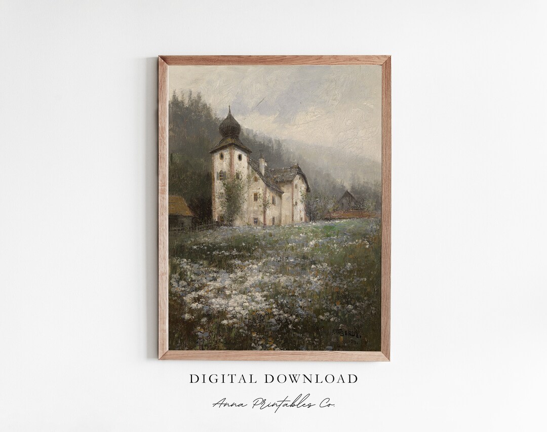 Church on a Hill Vintage Oil Painting Digital Download, Landscape ...