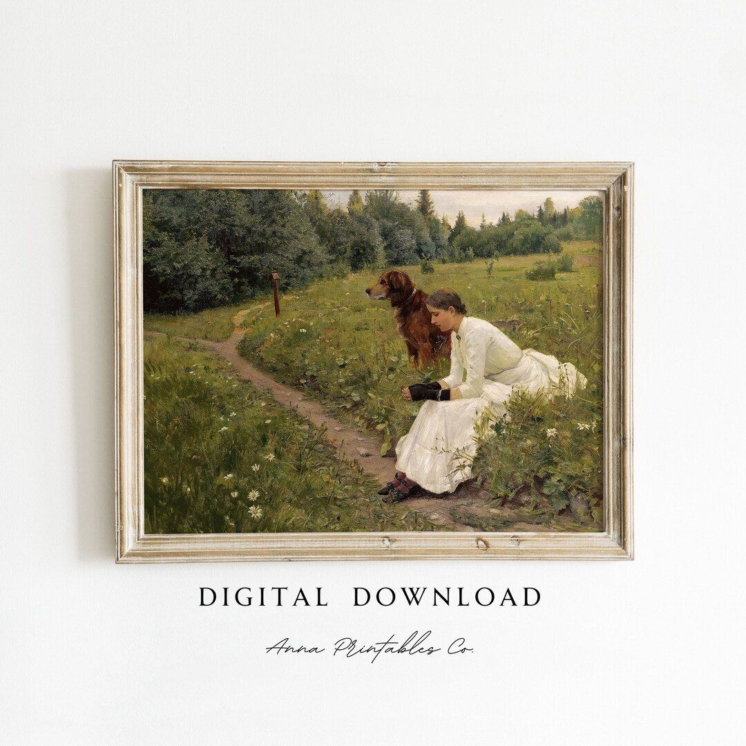 Vintage Woman and Dog in a Field Painting DIGITAL DOWNLOAD | Antique ...