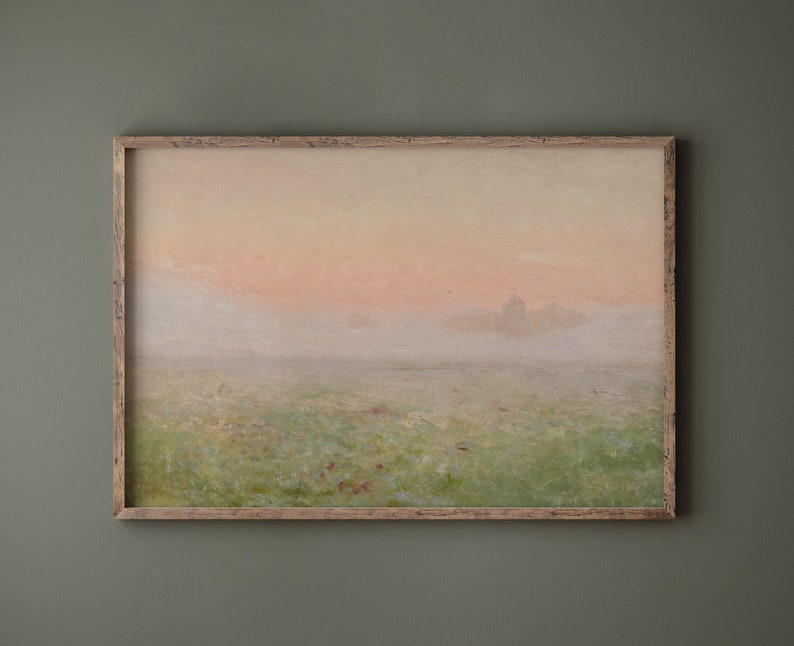 Hazy Pink Sunrise | Antique Sunrise Over Meadow Painting for Digital ...