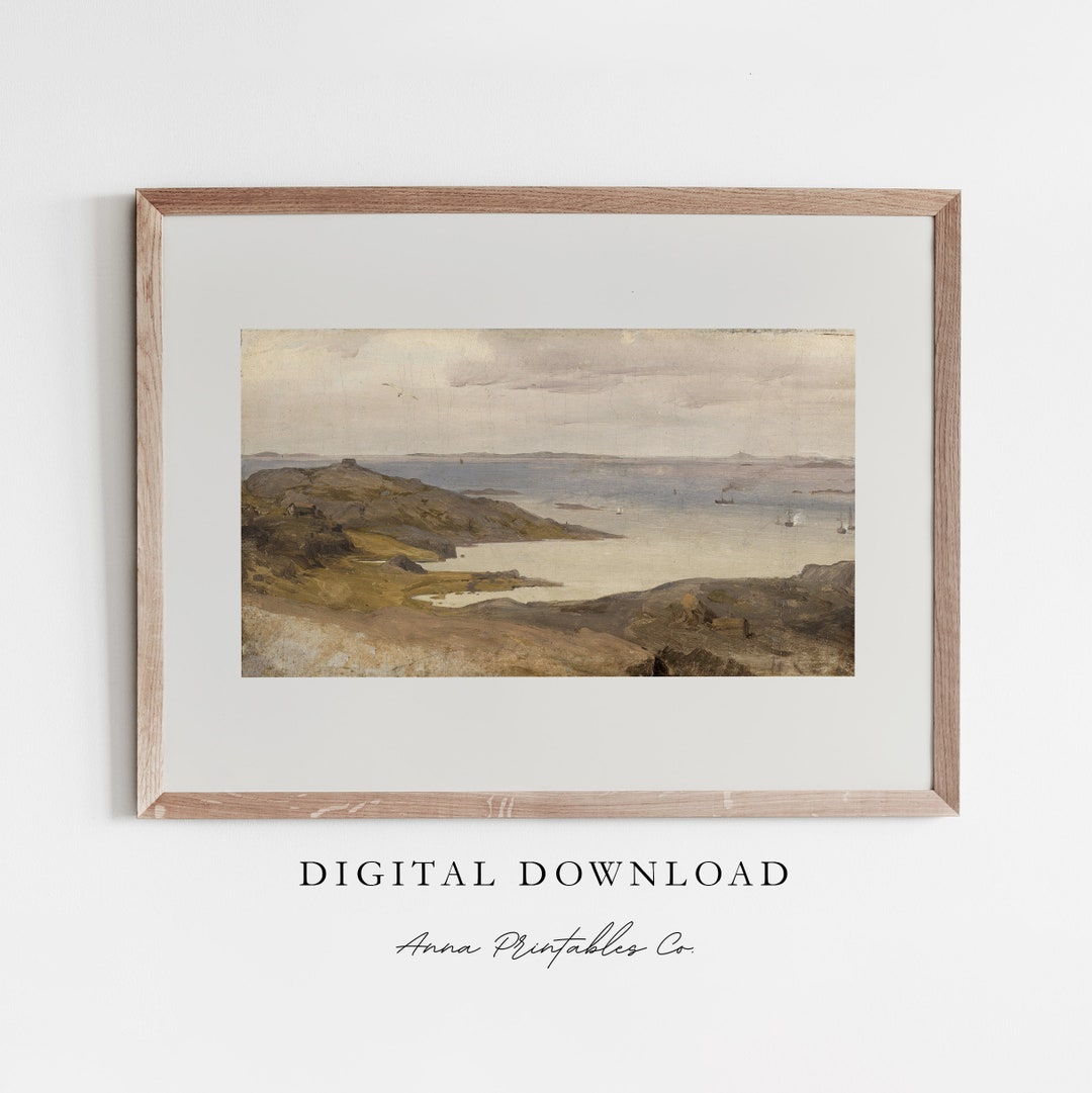 Copper Landscape | Hillside and Lake Landscape Vintage Oil Painting for ...